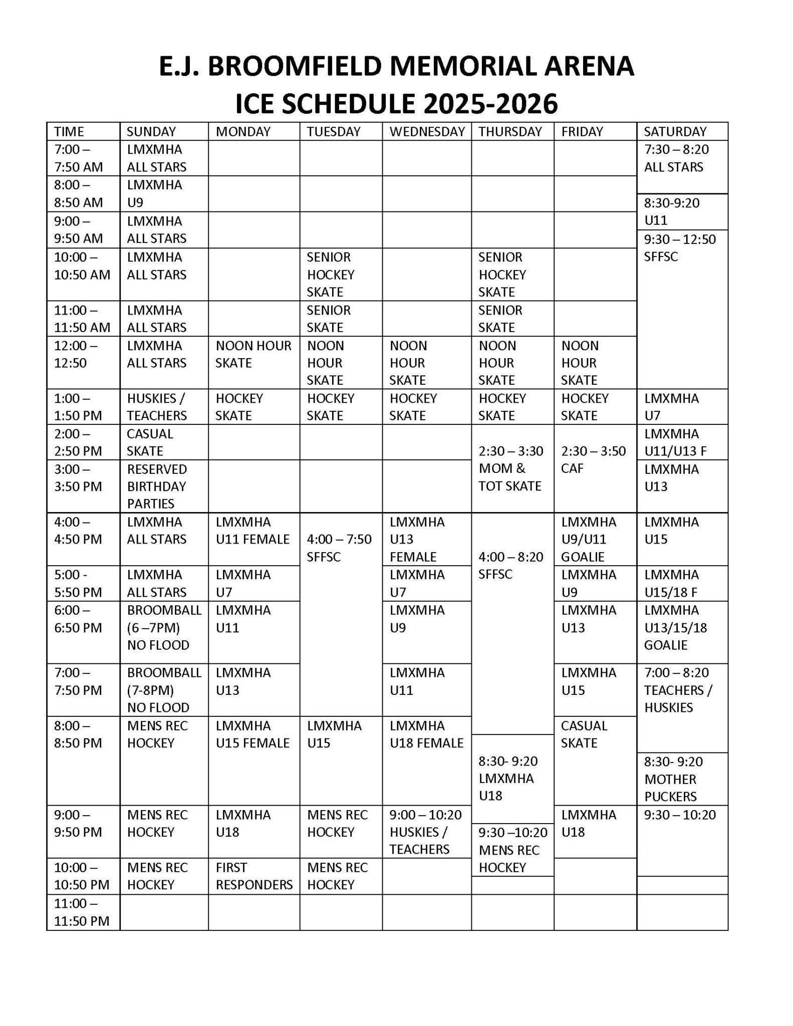 Arena Weekly Schedule and the Special Events Calendar - Town of Happy ...